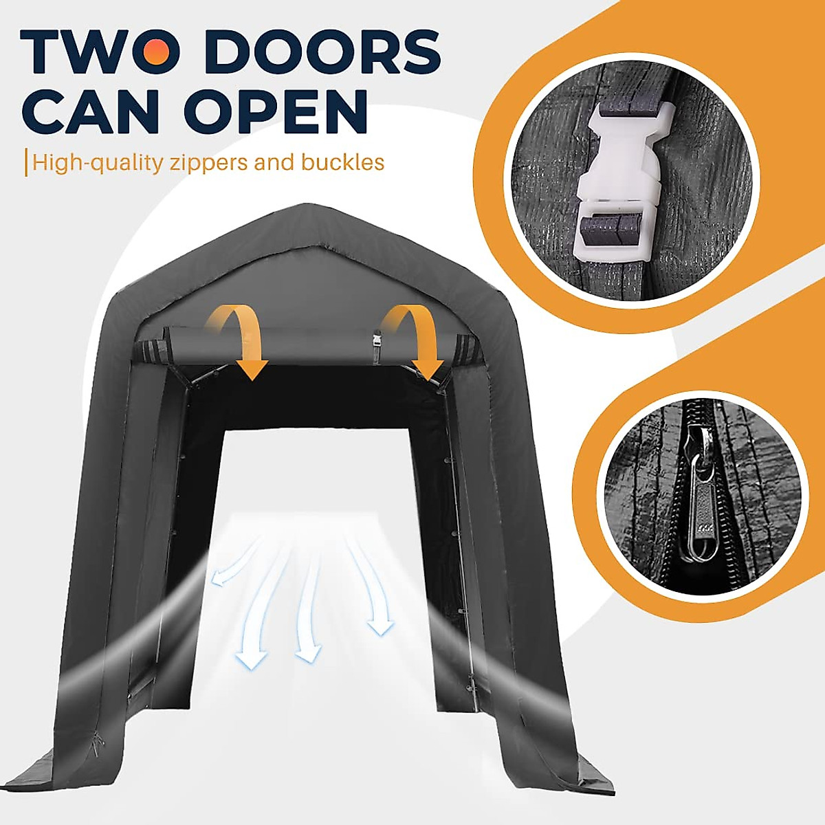 PEAKTOP OUTDOOR 6x8 ft Heavy Duty Anti-Snow Storage shelter, Waterproof Portable Storage Shed with Front and Rear Roll-Up Zipper Entry Doors and 2 Roll-Up Side Windows, Gray