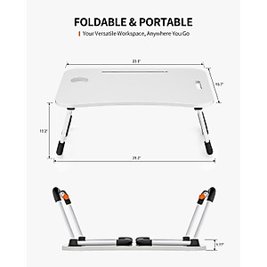 FISYOD Foldable Laptop Table, Portable Lap Desk Bed Table Tray, Laptop Stand with Cup Holder & Tablet Slot & Lifting Handle for Working Writing Drawing & Eating (White)