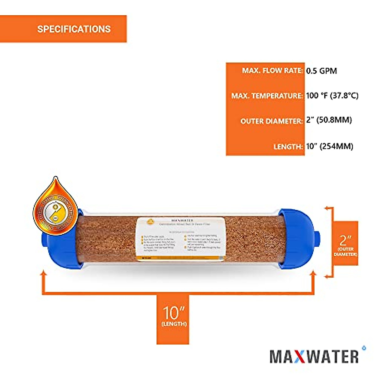 Max Water Mixed Bed Ion Exchange RODI Aquarium Filter Resin Replacement Cartridge, Compatible with 10" Drinking Reverse Osmosis Water Filtration System