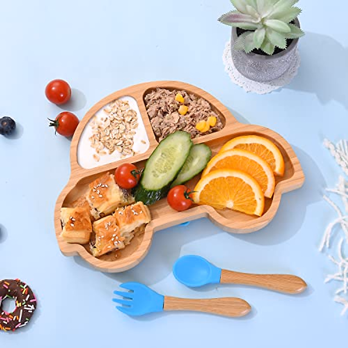 Car Bamboo Suction Plate Divider Feeding Plate for Toddlers and Babies (blue)