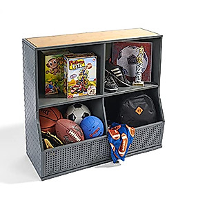 Badger Basket Metal and Bamboo Multi-Bin Charcoal/Natural Storage Cubby