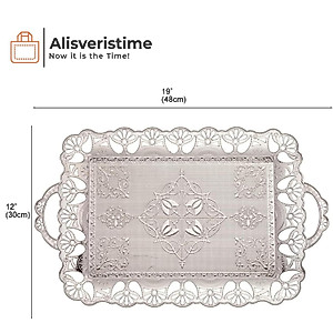 Alisveristime Handcrafted Large Turkish Ottoman Serving Tray with Floral Edges and Handles, Made from Zamac, Multi-Color Options (18.9" L x 12" W x 0.78" H) (Silver)
