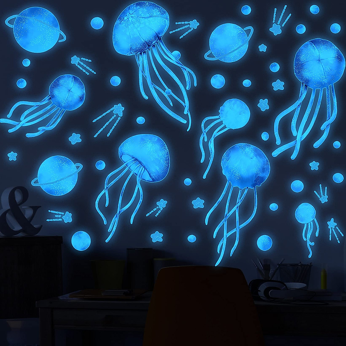 4 Sheets Starry Sky Jellyfish Wall Sticker Glow in The Dark Wall Stickers Planet Blue Luminous Wall Decals DIY Peel Stick Art Decor for Walls Ceiling Kids Bedroom Living Room Nursery Girls and Boys (Blue)