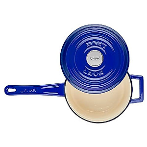 Lava Light-Colored Sand Enameled Cast Iron Sauce Pan, 1.5 Quarts Round Sauce Pot, Glossy Sand-Colored Three Layers of Enamel Coated Interior, Long Handle with Lid (Blue)