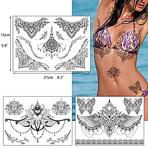 Glaryyears Black Lace Temporary Tattoo for Women Girls, 60+ Patterns 8 Pack Fake Mandara Flowers Tattoos Stickers, Sexy on Body Underboob Arm Chest Shoulder Thigh Abdomen Waist for Beach Party