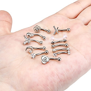 Hoeudjo 12Pcs 16G Stainless Steel Rook Daith Earrings for Women Small Belly Rings Vertical Lip Stud Surface Tragus Body Piercing Jewelry Curved Barbell Eyebrow Rings for Men
