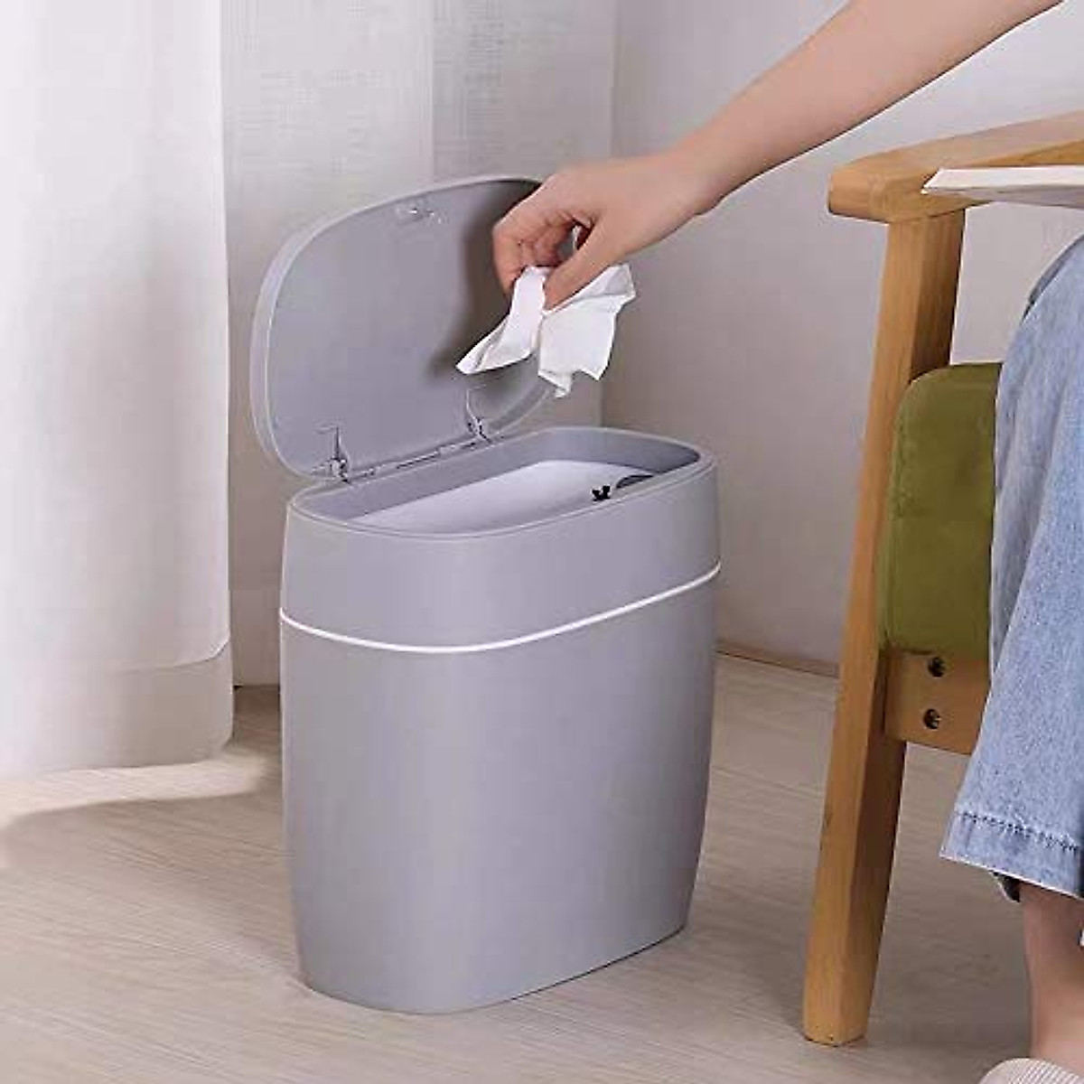 CY craft Plastic Trash Can with Lid,10L/2.6 Gallon Garbage Can,Modern Grey Waste Basket Thin Trash Cans for Bathroom,Living Room,Office,Kitchen and Narrow Spaces