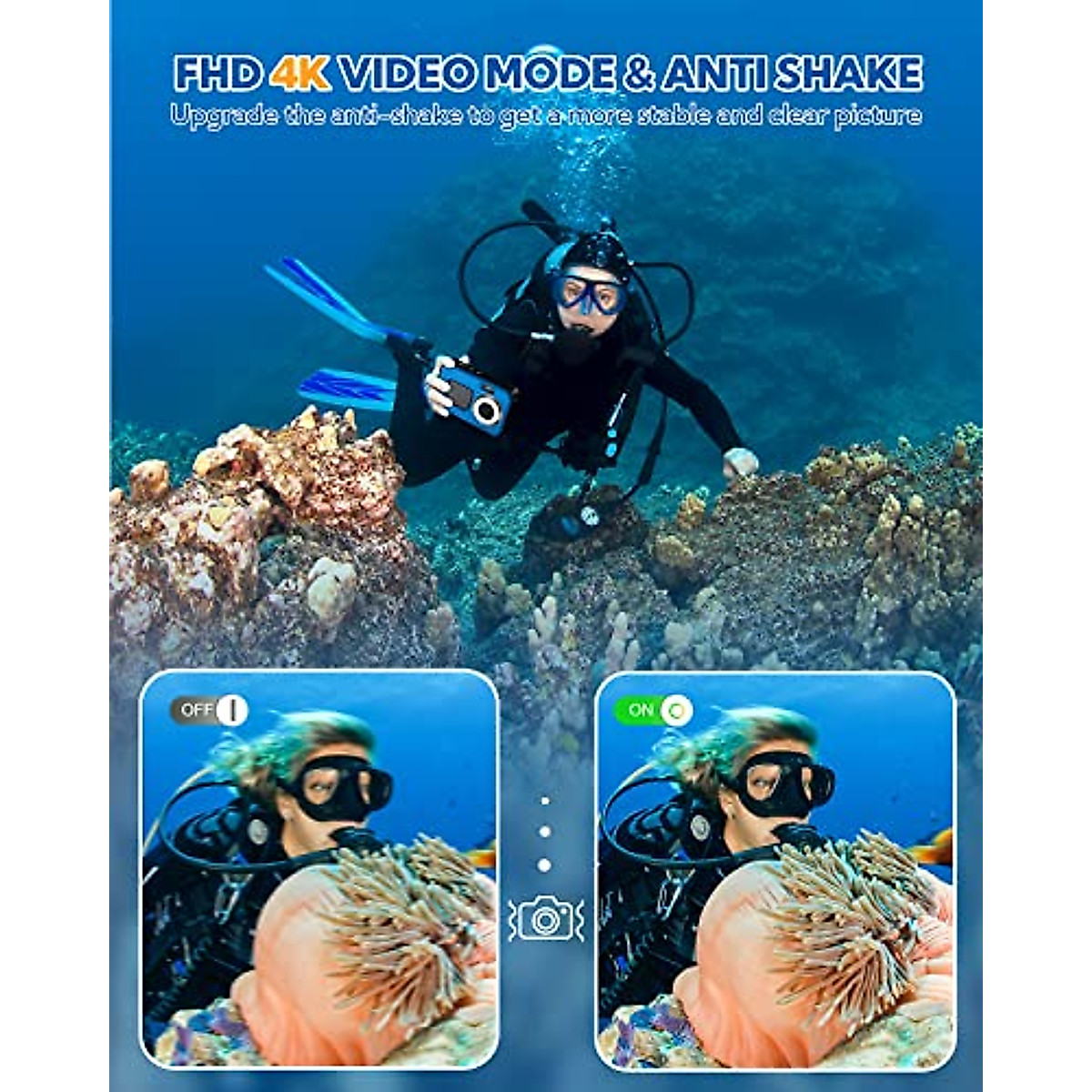 Underwater Camera, 4K 48MP Autofocus Waterproof Digital Camera with Selfie HD Dual Screens, 11FT 16X Digital Zoom Waterproof Camera with 64GB Card, Fill Light Underwater Camera for Snorkeling