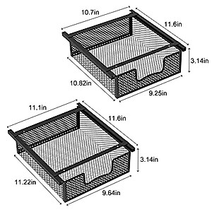 2 Pack Hanging Pullout Drawer Basket, Sliding Under Storage Organizer, Under Shelf Baskets Under Cabinet Organizer Shelf Under Desk for Kitchen Pantry Cabinet, Attaches to Shelving, Black