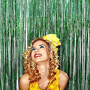 Iridescent Foil Fringe Curtains Rainforest Jungle Theme Party Supplies Birthday Wedding Party Window Door Decorations Fun Photo Booth Backdrop Props(2 Packs, (W) 3.28*(H) 6.56 Ft, Green)