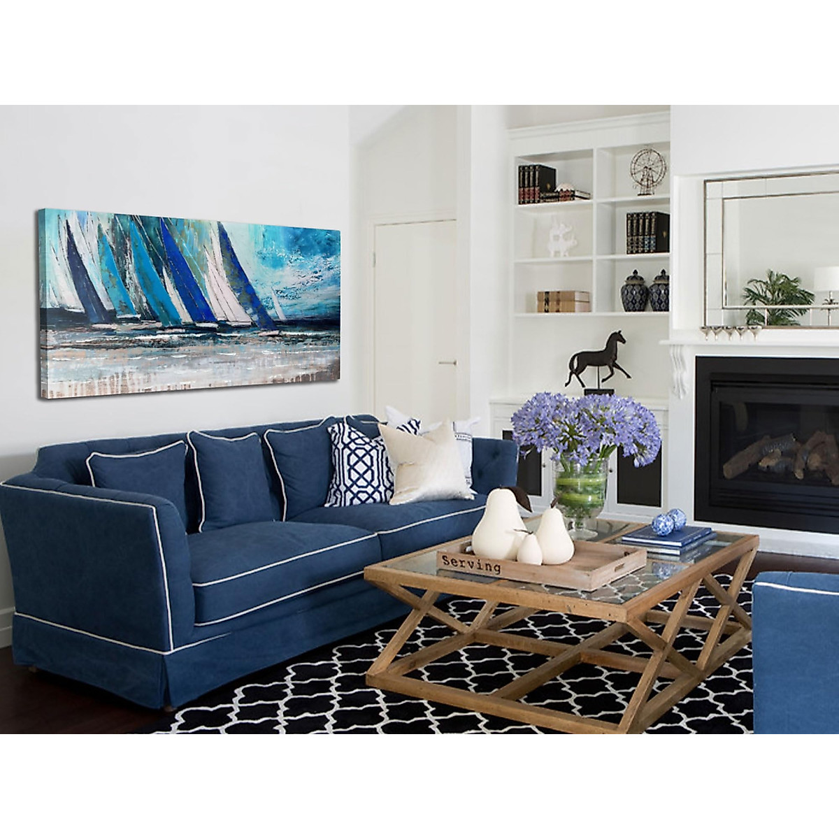 Arjun Blue Abstract Wall Art Canvas Teal Ocean Sailboat Picture Modern Turquoise Coastal Nautical Painting Large 48"x24" Framed Textured Artwork for Living Room Bedroom Bathroom Home Office Wall Decor