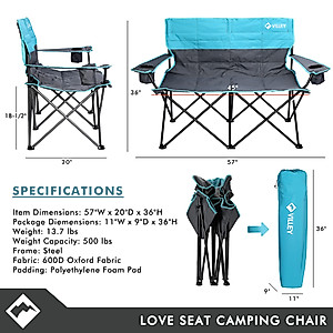 VILLEY Double Camping Chair, Extra Wide Loveseat, Heavy Duty Padded Camping Couch, Portable Folding Camp Chair w/Carry Bag, Steel Frame, Cup Holders for Camping Lawn Picnic Sports, Supports 500 LBS