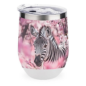 Zebra in Cherry Flowers Funny Wine Tumbler 12 Oz Stainless Steel Insulated Mug Double Wall Water Cup with Lid