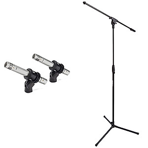 Samson Pencil Condenser Microphones (SAM C02PR) and Amazon Basics Adjustable Boom Height Microphone Stand with Tripod Base - Black