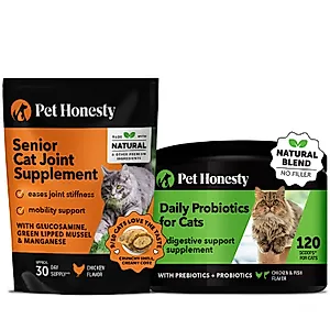 Pet Honesty Cat Hip & Joint Health & Digestive Probiotics Bundle: Glucosamine Chews & Max Strength Probiotic for Gut Health (Chicken 30-Day Supply & 120 Scoops)