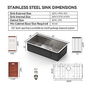 32 Inch Undermount Kitchen Sink - Lordear 32x19 Inch Stainless Steel Kitchen Sinks Workstation 16 Gauge Single Bowl Undermount Kitchen Sinks with Cutting Board