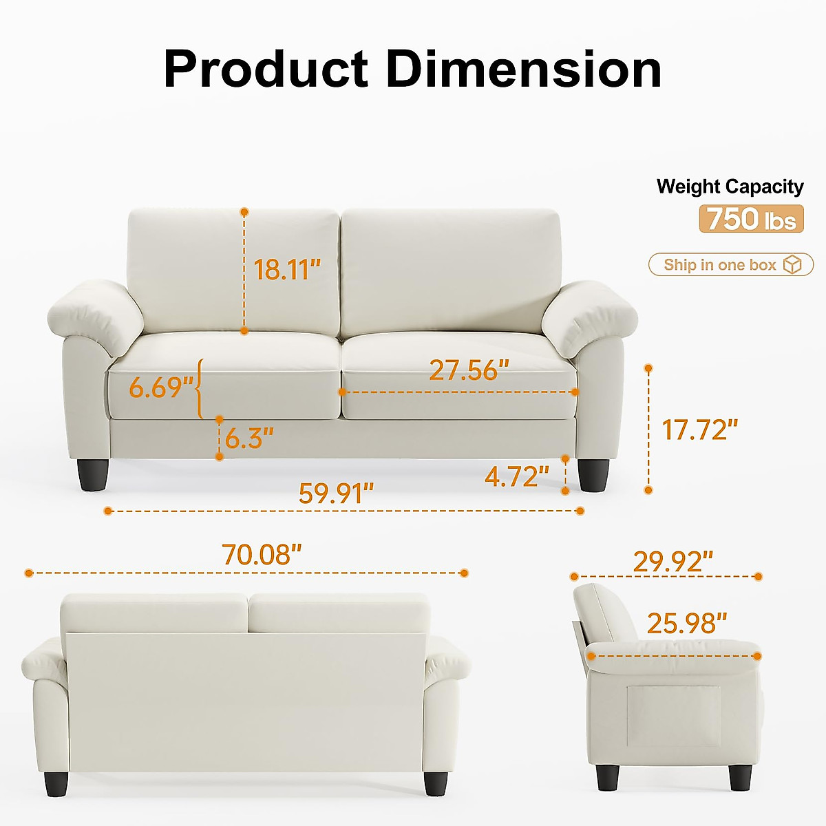 70" Living Room Couch Sofa, Mid Century Modern Loveseat with Storage Bag, Velvet Deep Couches for Small Spaces, Bedroom, Apartment, Office, Removable Sofa Cover Spring Cushions, Easy to Install, Beige