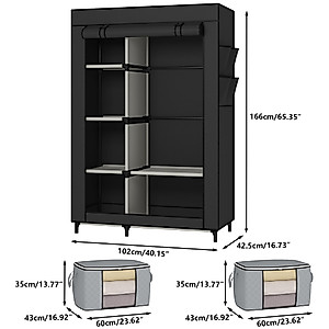 Calmootey Portable Closet, Wardrobe with 6 Shelves and Hanging Rod, Storage Organizer for Bedroom, Non-Woven Fabric Cover with 4 Side Pockets, Includes 2 Storage Bags for Clothes, Black