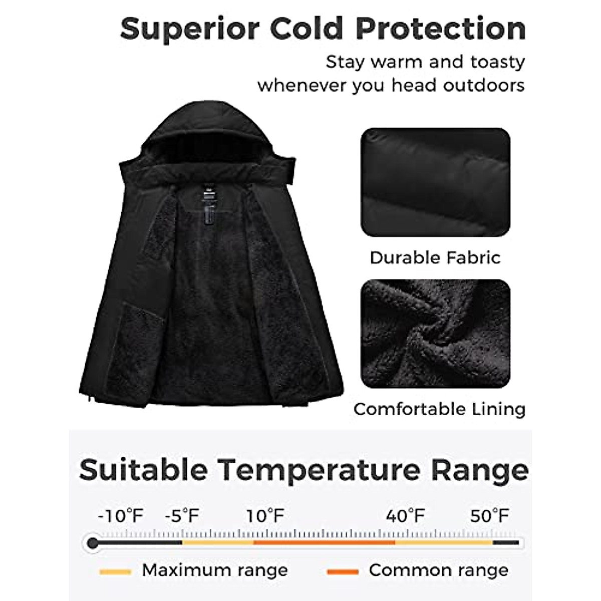 Wantdo Men's Warm Puffer Jacket Thicken Waterproof Winter Coat with Hood (Black, Medium)