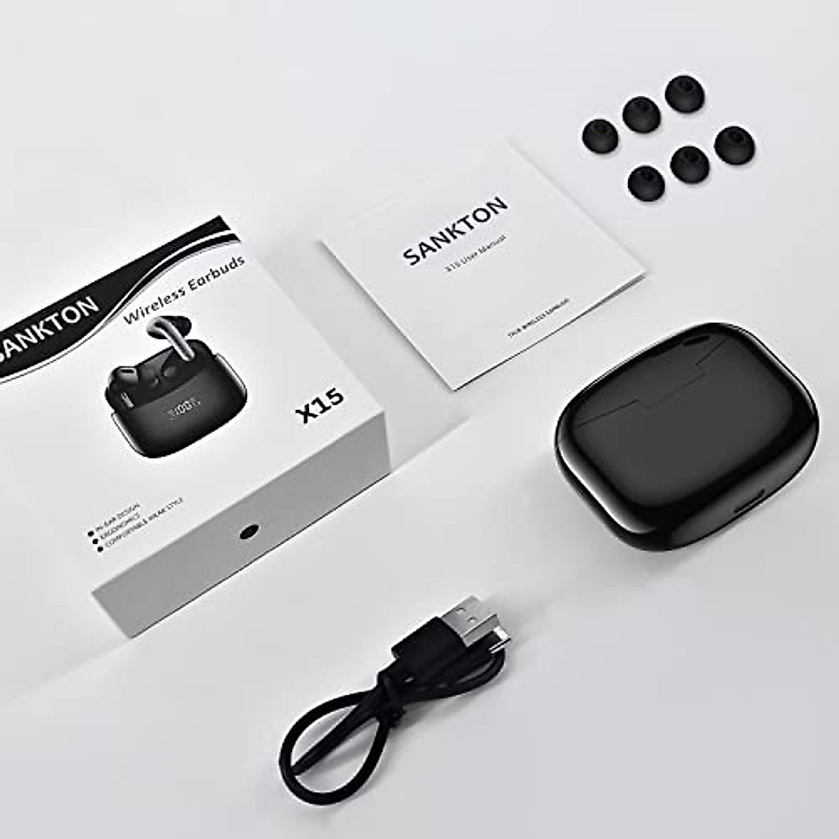 SANKTON True Wireless Earbuds, TWS Bluetooth Headphones Stereo Sound Earphones, 55H Playtime Wireless Charging Case, Sweat Proof Dual Bluetooth 5.1 Headset for Sports