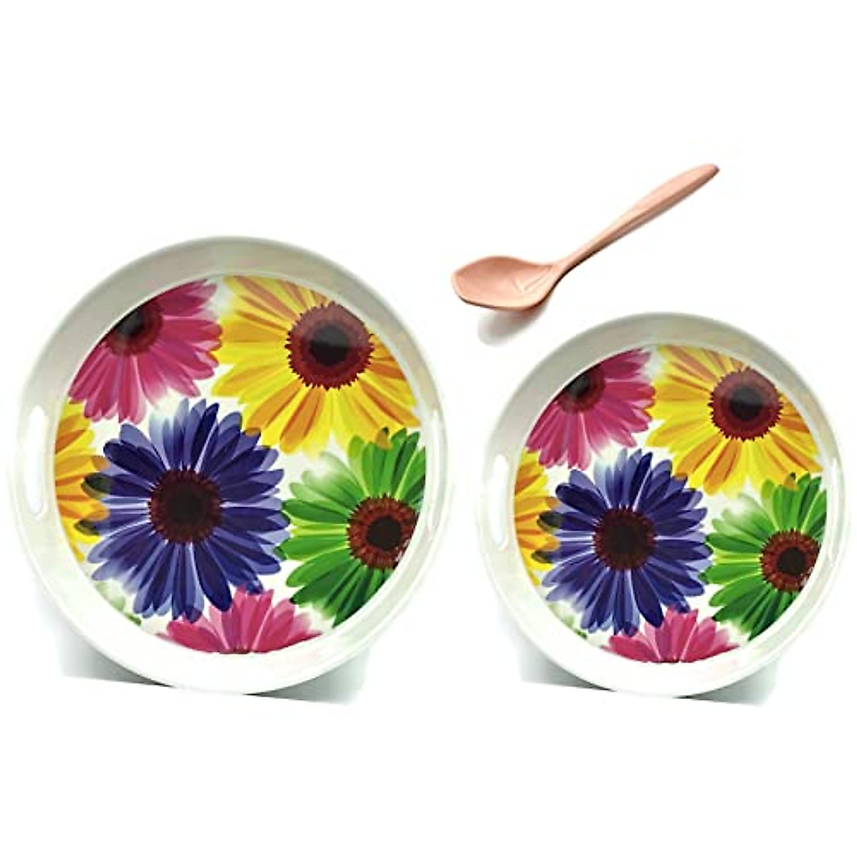 Christmas Serving Tray, Melamine Round Serving Tray Decorative Serving Tray for Tea, Drinks, Fruits in Size 13"/15"+ Free Serving Spoon (Flower-2pcs/set)