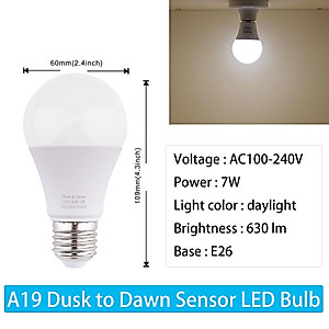 Dusk to Dawn LED Outdoor Light Bulb, 60 Watt Equivalent, 630 Lumen Energy Efficient 7W LED Daylight White, Auto on/Off, Photocell Sensor Light Bulbs, 3-Pack