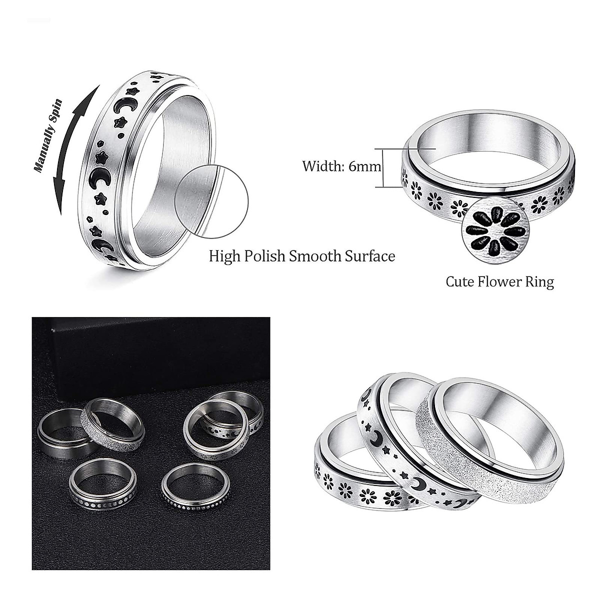 Vakki 8 PCS Stainless Steel Spinner Ring for Women Stars Moon Sun Spin Double Rotation Wedding Rings Promise Ring Birthday Gift Size 9