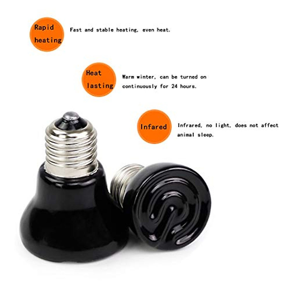 50w Reptile Heat Lamp Bulb 2 Pack, Pet Infrared 50 Watt Ceramic Heat Emitter for Brooder Coop, Lizard, Lambs, Snake, No Light, Black