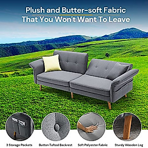 DENOSEN First-Class Cabin Futon Couch Bed with Convertible Back and Armrests, Includes 2 Free Pillows and Supports Up to 600lbs: Modern 3 Seater Sleeper with Wooden Leg Sofabed, Grey