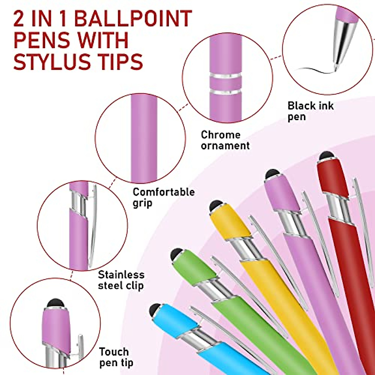 TIESOME5 Pieces Ballpoint Pen with Stylus Tip, Retractable 2 in 1 Stylus Pens Stylish Pen with 10 Refills, Metal Stylus Pen for Touch Screens, 1.0 mm Black Ink Ball Point Pens (Multicolor)
