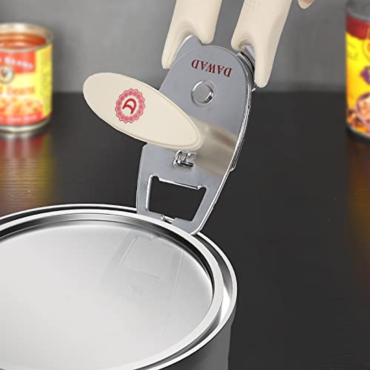 DAWAD Can Opener Manual Stainless Steel Safety Can Opener Good Grips Smooth Edge Easy Use 7.87 Inch Cream White