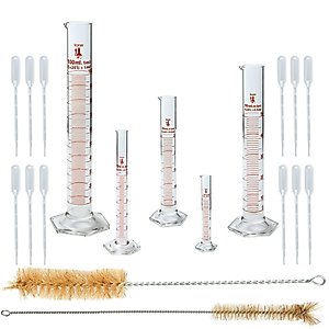 Glass Graduated Cylinder Set with Cleaning Brushes and Transfer Pipettes, Borosilicate Glass, 5 Sizes - 5,10,25,50, and 100ml, Karter Scientific 233G2
