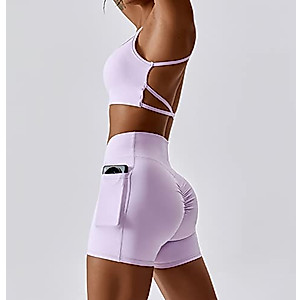 Workout Sets for Womem 2 Piece Criss Cross Back Sport Bra Cross Waist High Waist Booty Shorts with Pocket Exercise Gym Yoga Outfits Cross Back Purple Large