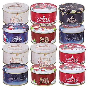 DOITOOL 12 Pcs Christmas Cookie Tin with Lids,Round Metal Cookie Box Christmas Candy Jars,Festive Cookie Containers Xmas Tin Box,Christmas Tinplate with Lids for Storing Candies Biscuits Treat