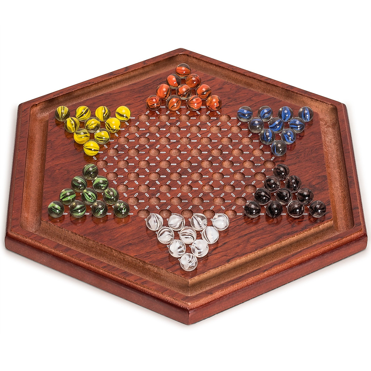 Yellow Mountain Imports Wooden Chinese Checkers Halma Board Game Set - 13.6-Inch - with 60 Colored Petal-Style Glass Marbles (16-Millimeter) - Classic Strategy Game