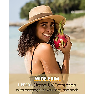 FURTALK Panama Hat Sun Hats for Women Men Wide Brim Fedora Straw Beach Hat UV UPF 50 Brown