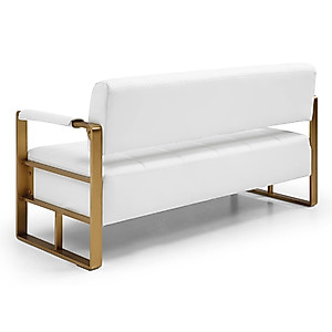 57.9" Modern Faux Leather Loveseat Sofa, Accent 2 Seater Couch with Golden Metal Arms, for Living Room Office Small Spaces Apartment Studio, White