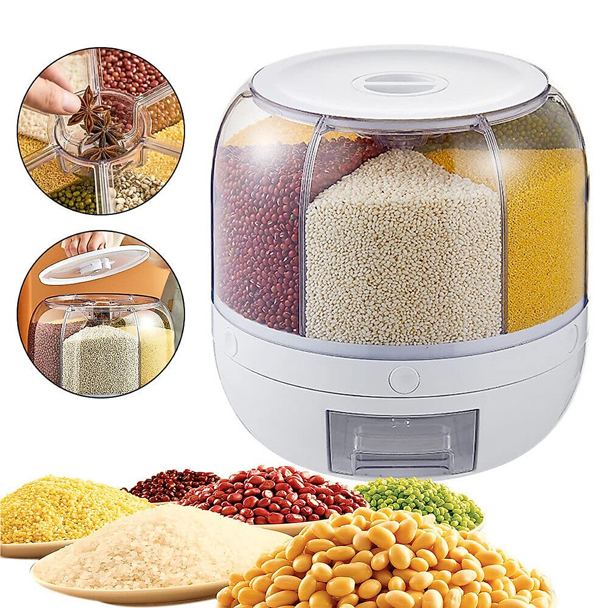 BILPIKOGoo 6 Grid Rice Dispenser, Rotating Grain Storage Container, One-Click Output Round Rice Container Rotating Grain Dispenser Kitchen Organization 10 kg