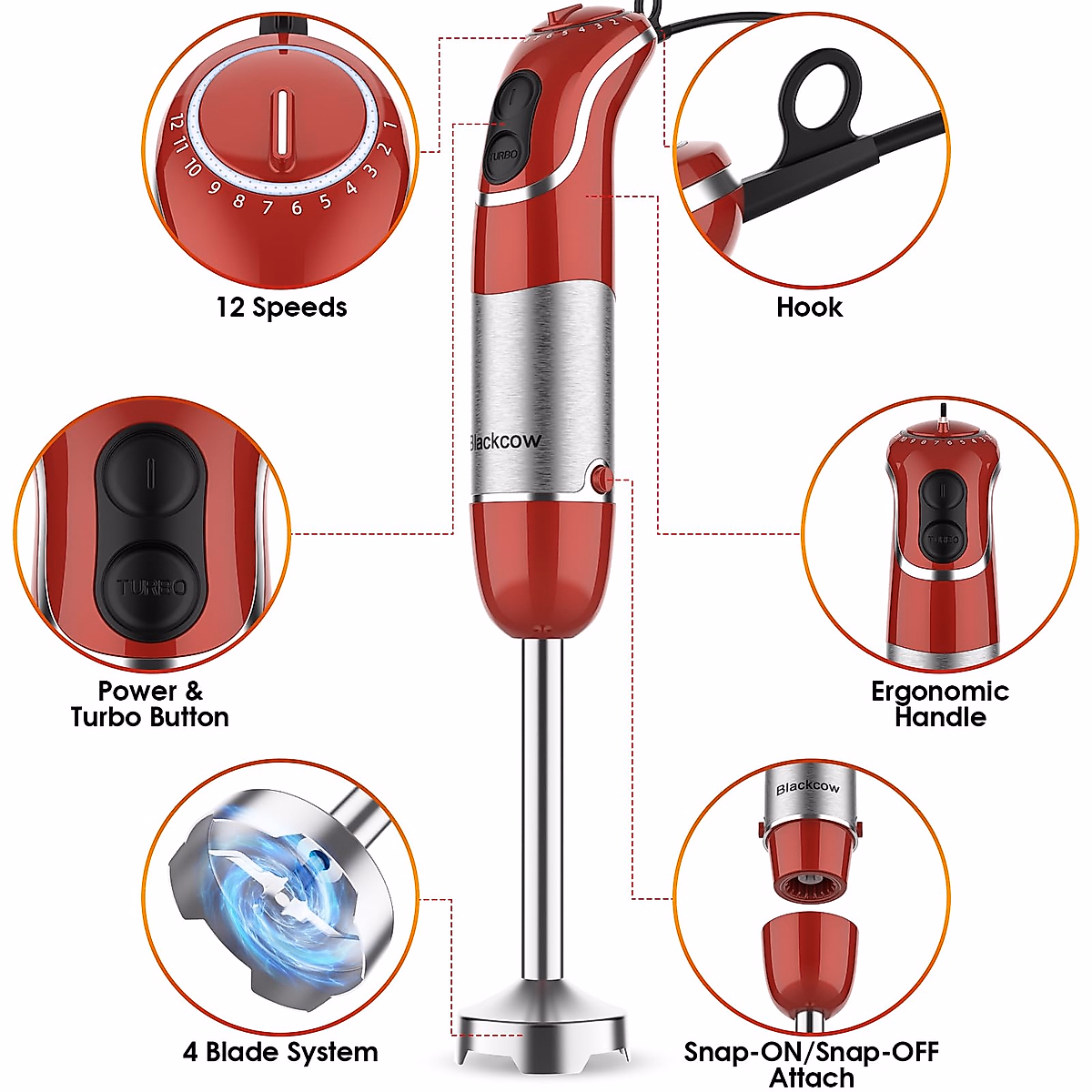 Blackcow Powerful Immersion Blender 3.0, BPA-Free, 800W Electric Hand Blender with 12-Speed&Turbo, Stick Blender for Soup, Smoothie, Puree, Detachable Base, 304 Stainless Steel 3D Blades, Red