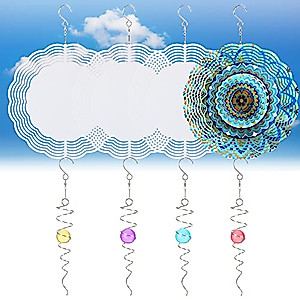 4Pcs Sublimation Wind Spinner Blanks 10Inch with 4Pcs Gazing Ball Spiral Tail, Round Stainless Steel Laser Cut Metal Hanging Wind Spinners for Outdoor Garden and Yard