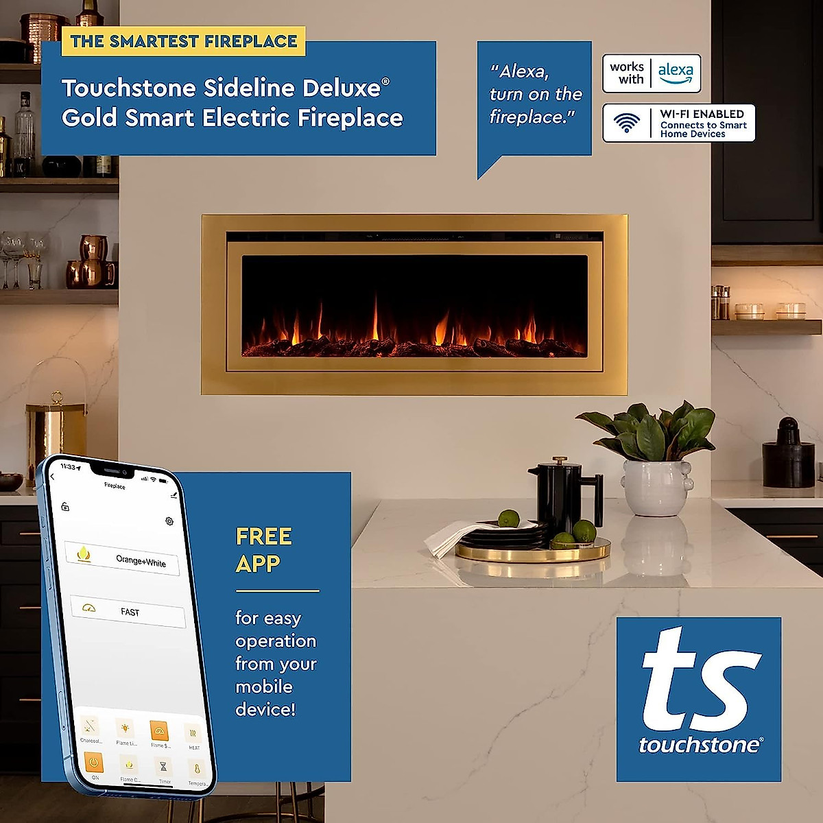 Touchstone Fireplace and TV Mount Bundle - Sideline Deluxe™ 60 Inch Wide Gold Smart Electric Fireplace and Low Profile TV Wall Mount Bracket