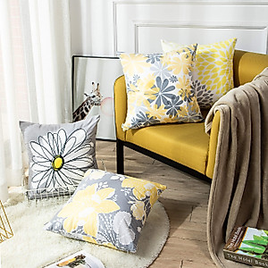 Emvency Set of 4 Throw Pillow Covers Gray and Yellow Modern Daisy with Pretty White Floral Hand Couch Sofa Decorative Pillow Cases Cushion Home Decor Square 18x18 Inches Pillowcases