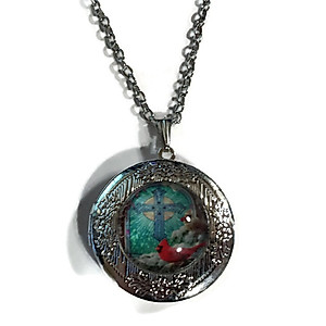 Mama Bear's Gift Shop Red Cardinal Bird Cross Silver LOCKET Pendant Necklace with Chain Women's Children's Men's Fashion Jewelry