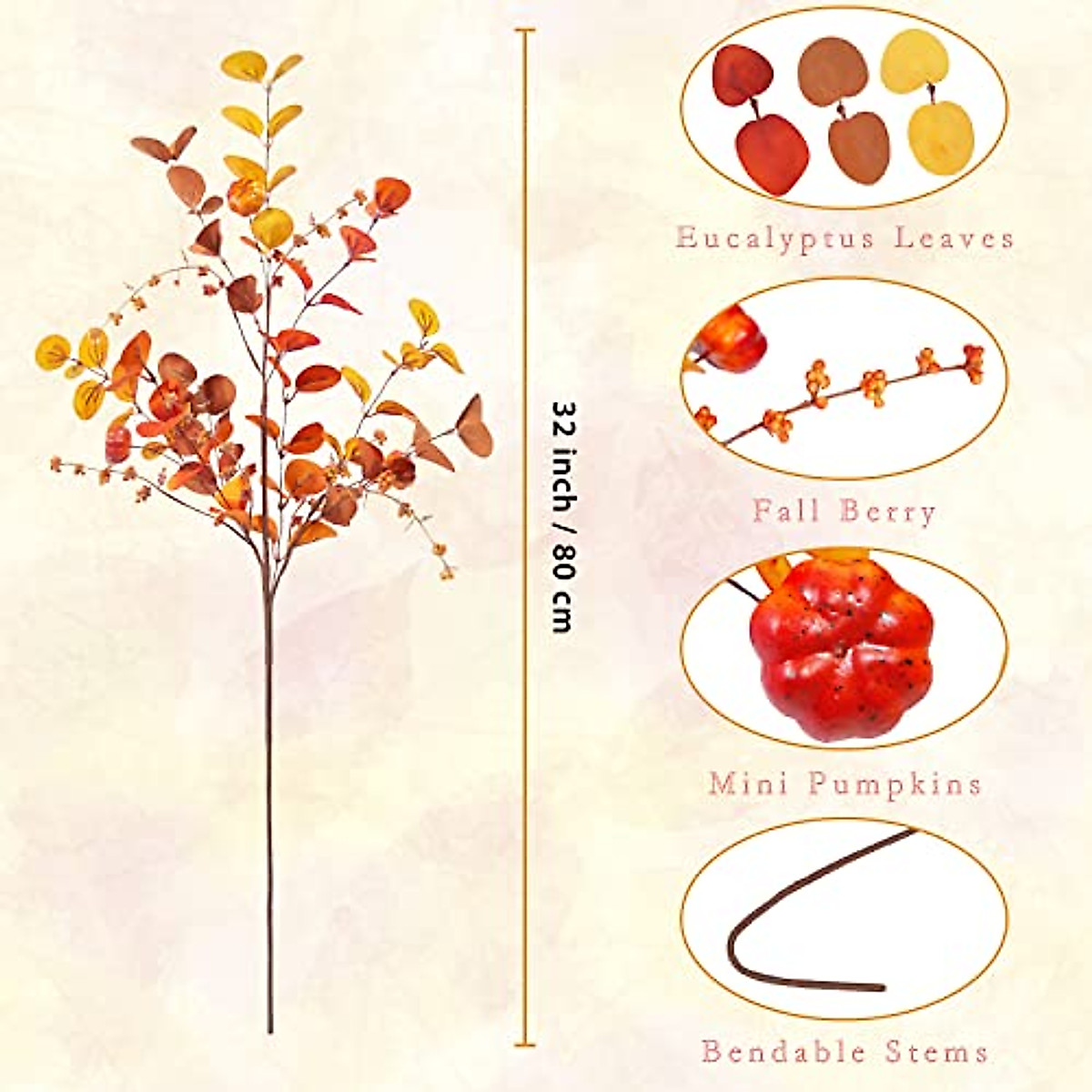6 Pcs Fall Artificial Eucalyptus Stems Home Decor 32''/80cm Tall Fall Flowers Eucalyptus Leaves Berry Pumpkins for Autumn Thanksgiving Floral Arrangement Wedding Farmhouse Decorations Indoor Outdoor