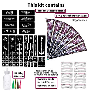 6 Pack Natrual Temporary Tattoos Kit, with 65 Pcs Tattoo Stencils, 1 Bottel 4 Nozzles, 30g per Pack