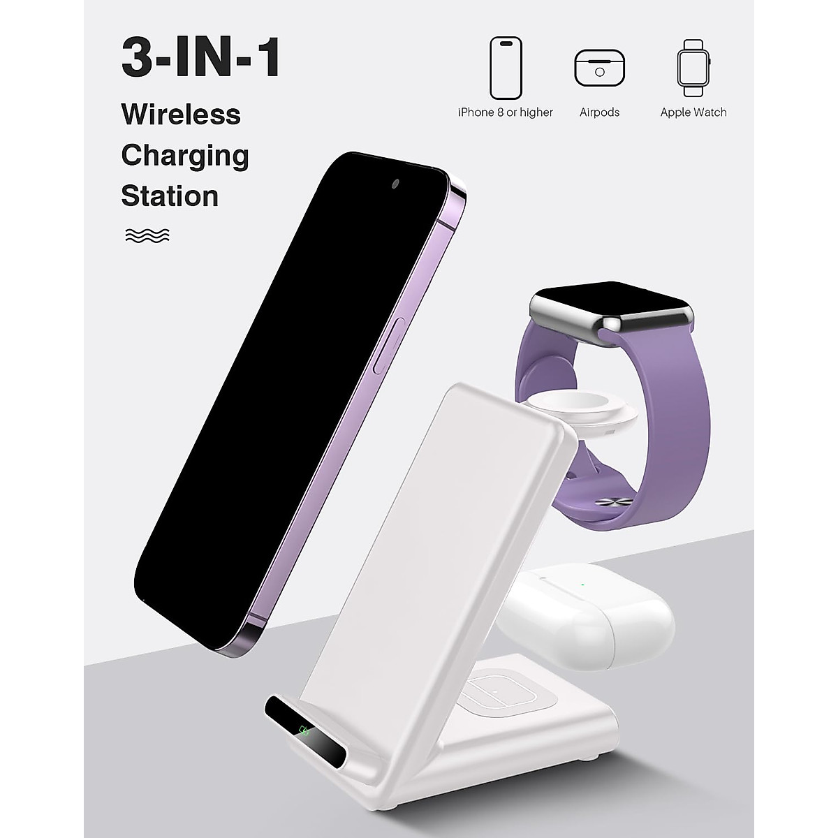 Wireless Charging Station,3 in 1 Wireless Charging Stand Made for Apple Watch Ultra 9 8 7 6 SE 5 4 3,Fast Wireless Charger Made for iPhone 15/Plus/Pro Max/14/13/12/11/X,for AirPods Pro(with Adapter)