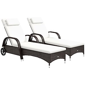 Outsunny Wicker Outdoor Chaise Lounge Set of 2, 5-Level Adjustable Backrest PE Rattan Pool Lounge Chair with Wheels, Cushion & Headrest, Brown and Cream White