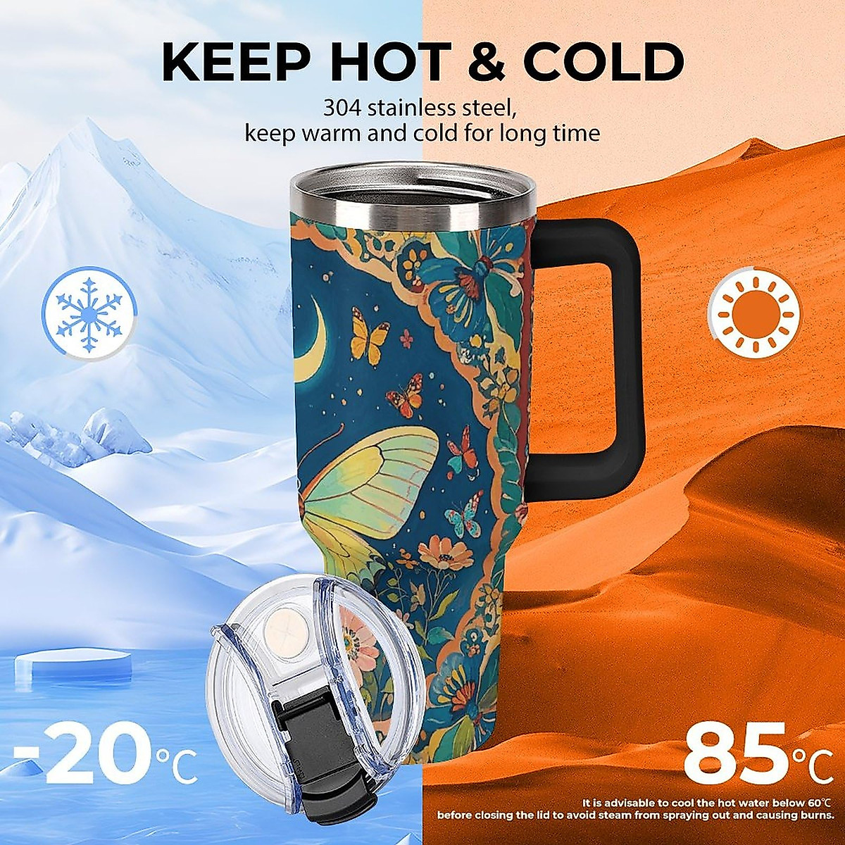 FZQVSGW Butterfly Flower Tapestry 40 Oz Tumbler with Handle And Straw Stainless Steel Vacuum Insulated Tumblers Reusable Keep Drinks Cold Coffee Cup Holder Friendly Gifts for Women Men Car Gym Travel