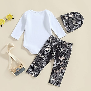 Newborn Baby Boys Hunting Clothes Set Long Sleeve Letters Deer Romper Bodysuit Pants Hat Outfit (70(0-6M), White)