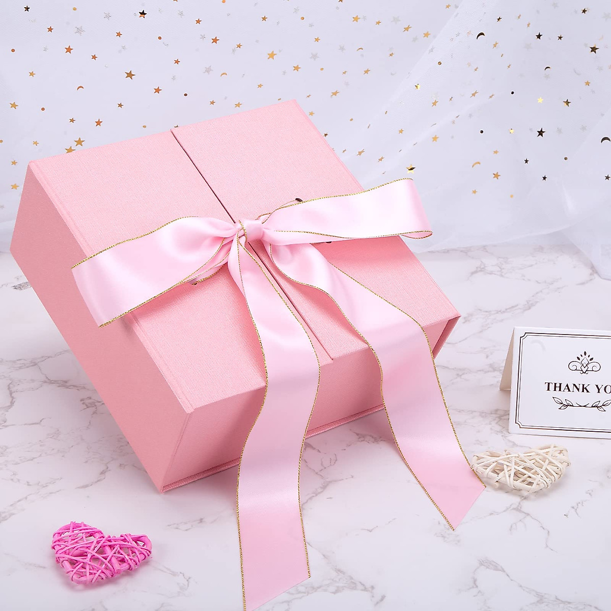 JOHOUSE Pink Gift Box, 8inch Large Gift Box with Lid Ribbon Square Gift Box for Wedding Birthday Anniversary Valentine's Day Baby Shower